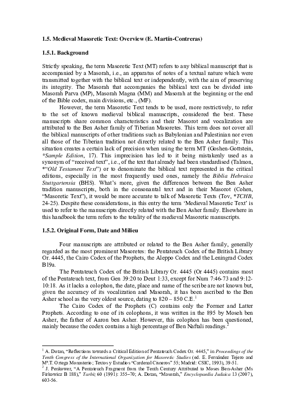 "Medieval Masoretic Text: Overview", in Textual History of the Bible ...