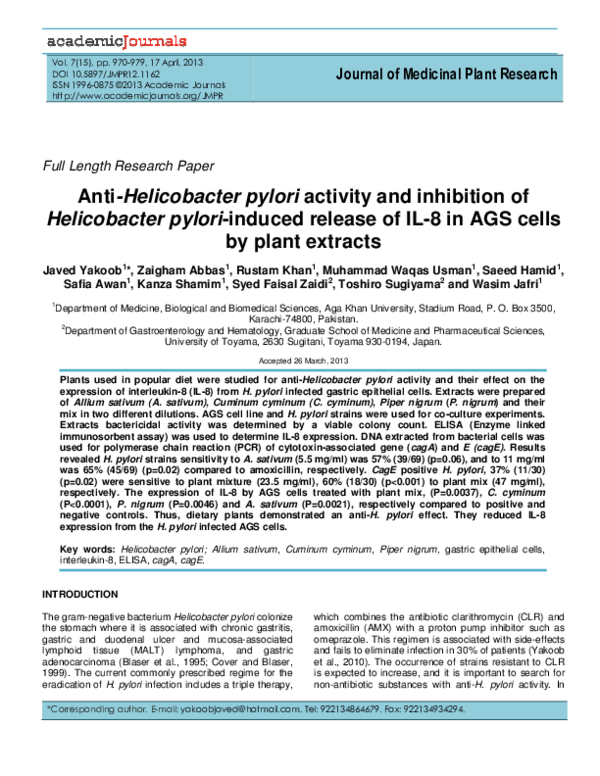 (PDF) Anti-Helicobacter pylori activity and inhibition of Helicobacter ...