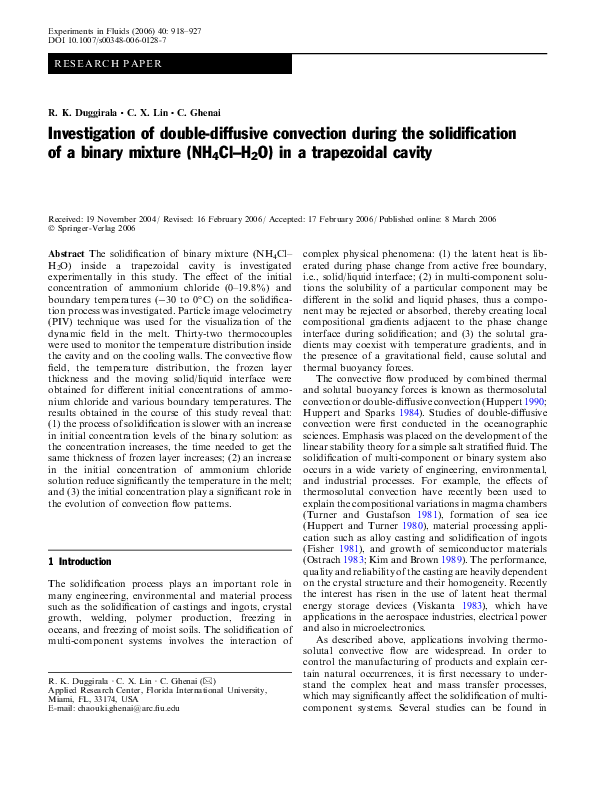 Pdf Investigation Of Double Diffusive Convection During The Solidification Of A Binary Mixture