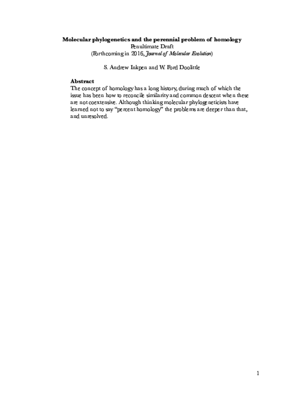 (PDF) Molecular phylogenetics and the perennial problem of homology ...