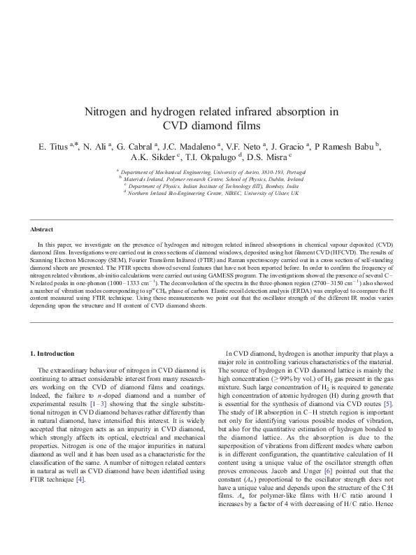 (PDF) Nitrogen and hydrogen related infrared absorption in CVD diamond ...