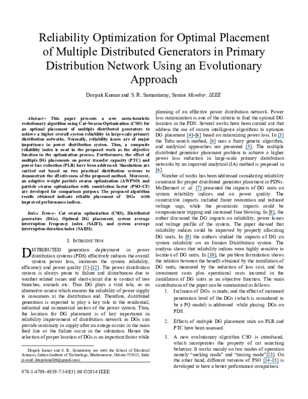 Pdf Reliability Optimization For Optimal Placement Of Multiple Distributed Generators In