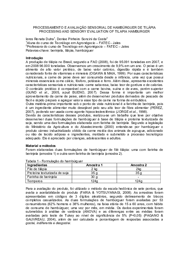 (PDF) PROCESSAMENTO E AVALIAÇÃO SENSORIAL DE HAMBÚRGUER DE TILÁPIA ...
