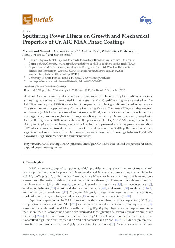 (PDF) Sputtering Power Effects on Growth and Mechanical Properties of Cr2AlC MAX Phase Coatings