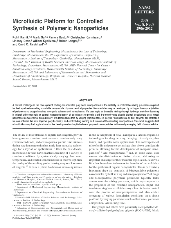(PDF) Microfluidic Platform for Controlled Synthesis of Polymeric Nanoparticles