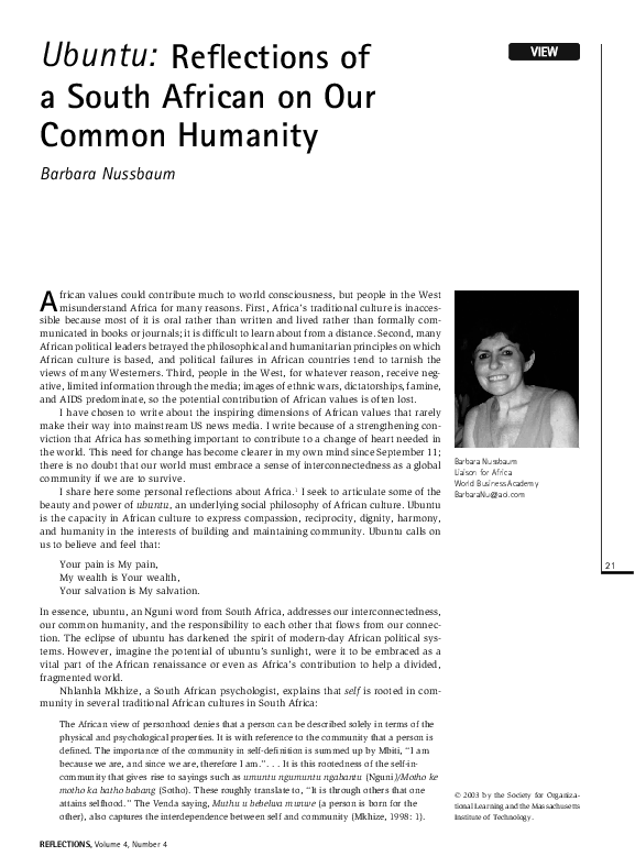 (PDF) Ubuntu: Reflections of a South African on Our Common Humanity