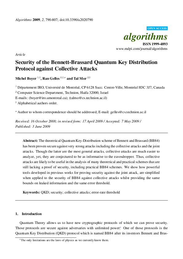 (PDF) Security of the Bennett-Brassard Quantum Key Distribution Protocol against Collective Attacks