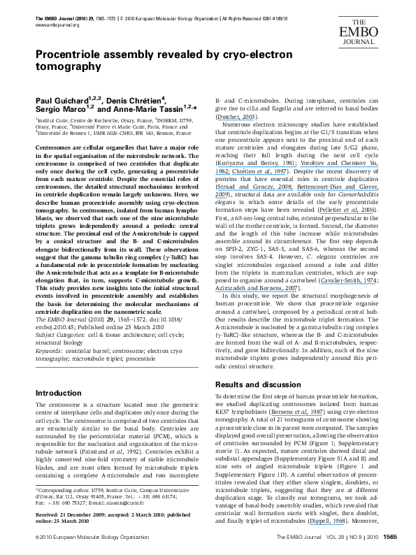 (PDF) Procentriole assembly revealed by cryo-electron tomography