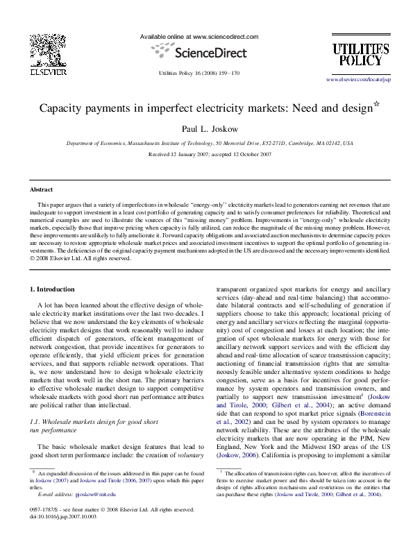 (PDF) Capacity payments in imperfect electricity markets: Need and design