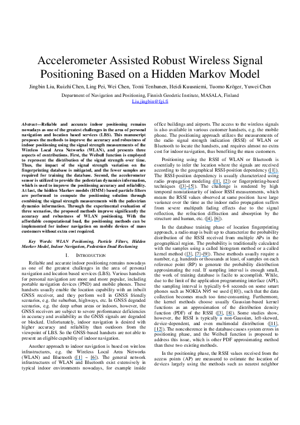 Pdf Accelerometer Assisted Robust Wireless Signal Positioning Based On A Hidden Markov Model 