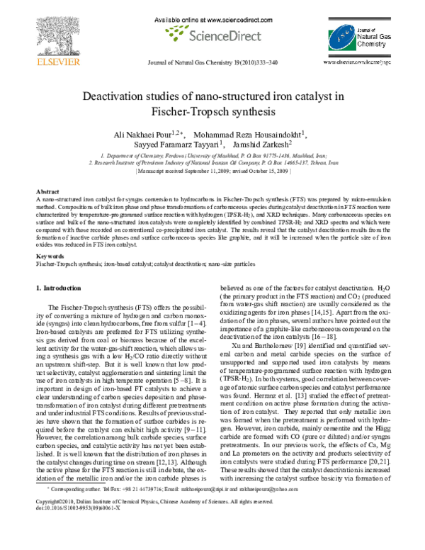 (PDF) Deactivation studies of nano-structured iron catalyst in Fischer-Tropsch synthesis
