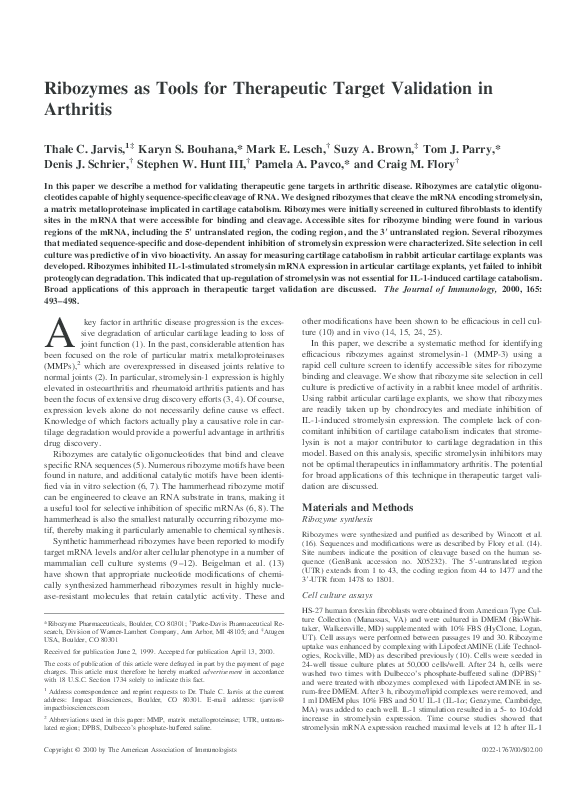(PDF) Ribozymes as Tools for Therapeutic Target Validation in Arthritis