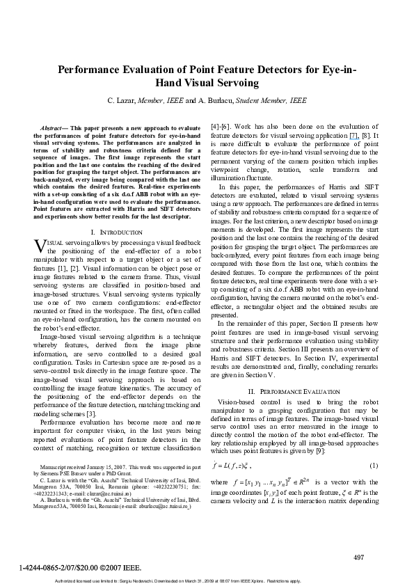 Pdf Performance Evaluation Of Point Feature Detectors For Eye In Hand Visual Servoing