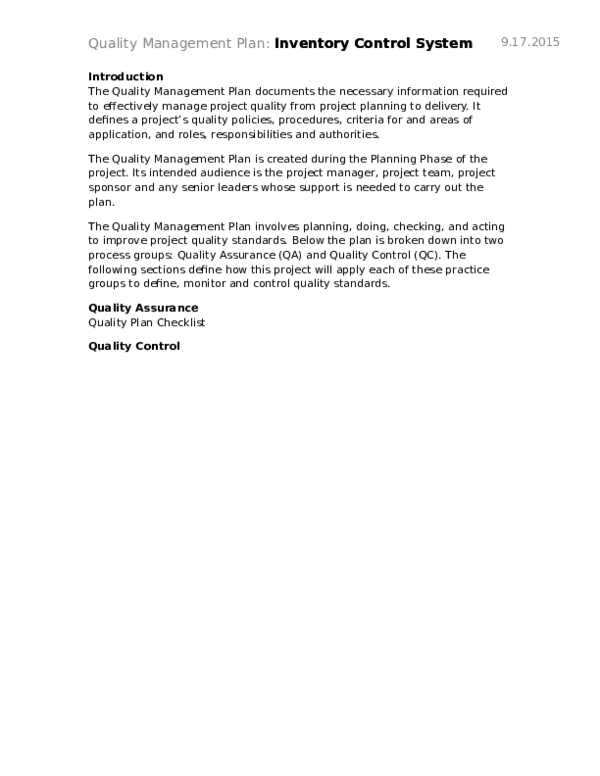 (DOC) Quality Management Plan