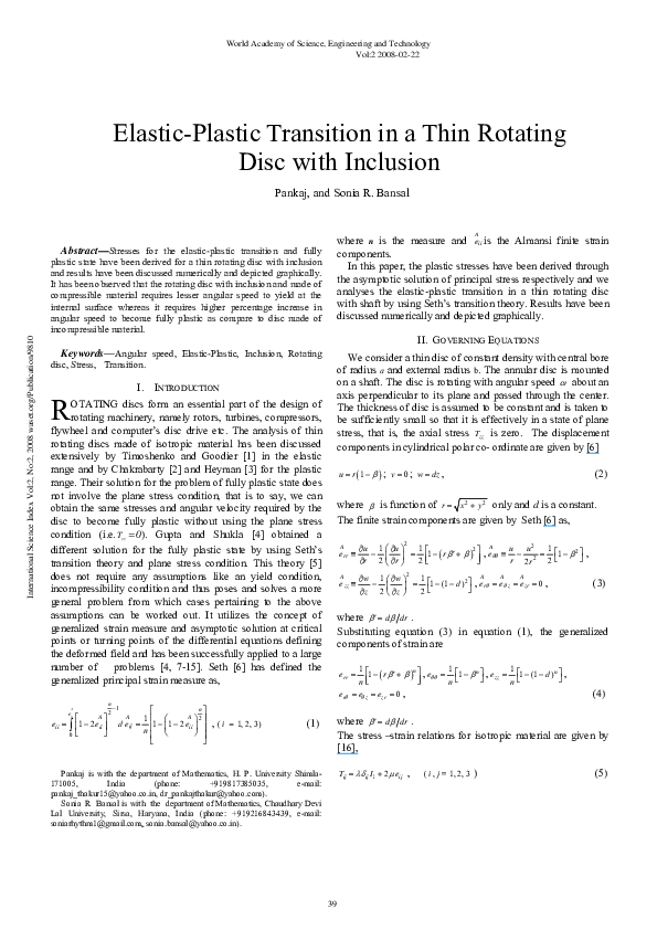 (PDF) Elastic-Plastic Transition in a Thin Rotating Disc with Inclusion
