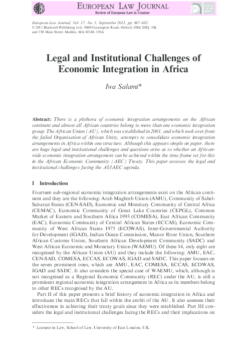 (PDF) Legal and Institutional Challenges of Economic Integration in Africa