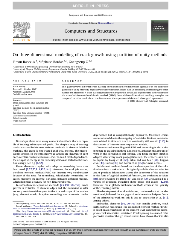 (PDF) On three-dimensional modelling of crack growth using partition of ...