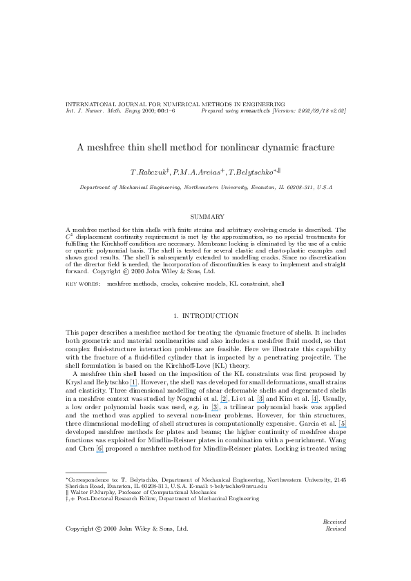 Pdf A Meshfree Thin Shell Method For Non Linear Dynamic Fracture