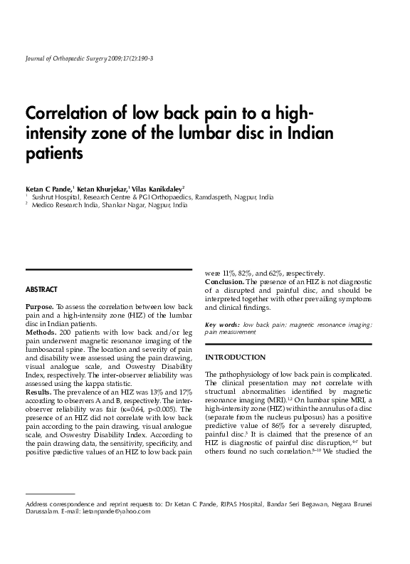 (PDF) Correlation of low back pain to a high-intensity zone of the ...