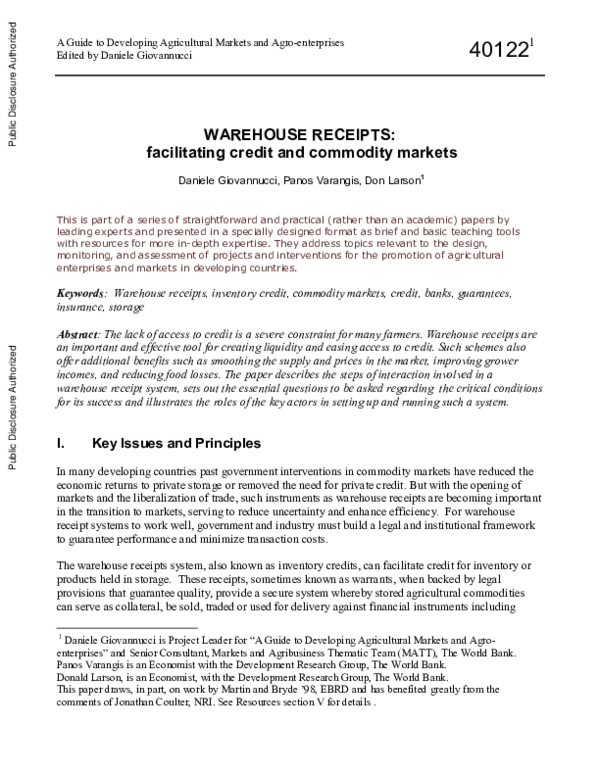 (PDF) Warehouse Receipts: Facilitating Credit and Commodity Markets