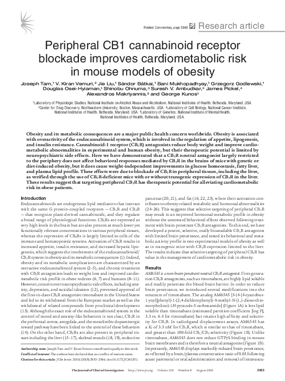 (PDF) Peripheral CB1 Receptor Blockade Enhances Metabolism