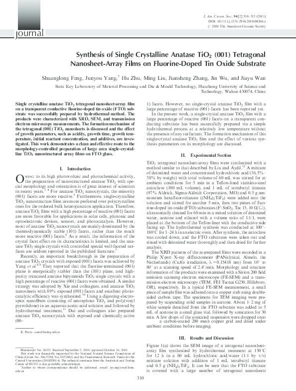 (PDF) Synthesis of Single Crystalline Anatase TiO2 (001) Tetragonal ...