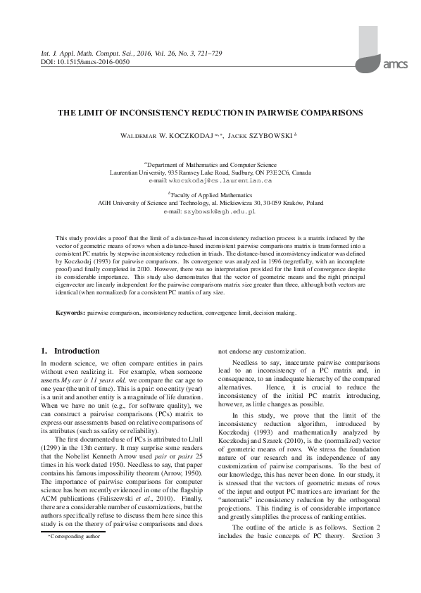 (PDF) THE LIMIT OF INCONSISTENCY REDUCTION IN PAIRWISE COMPARISONS