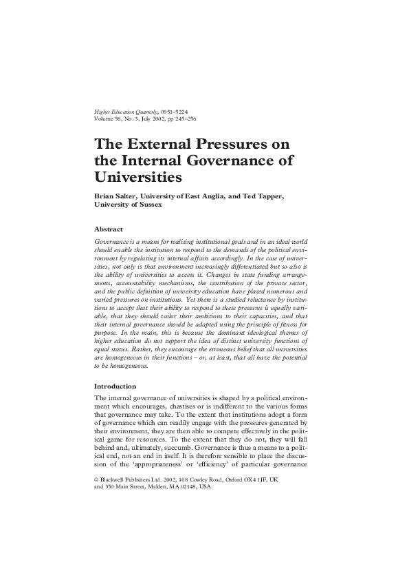 (PDF) The External Pressures on the Internal Governance of Universities