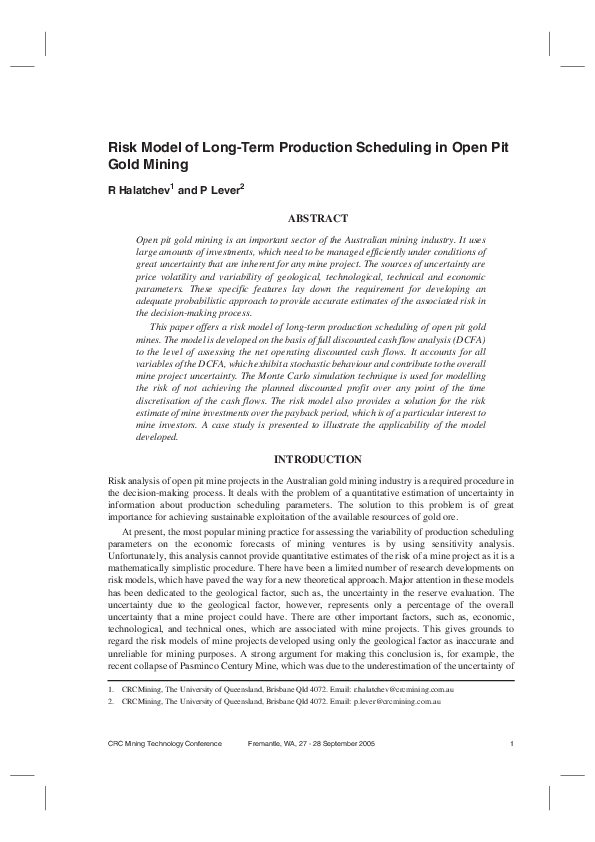 Pdf Risk Model Of Long Term Production Scheduling In Open Pit Gold Mining