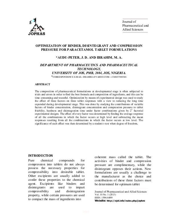 (PDF) Optimization of Binder, Disintegrant and Compression Pressure for ...