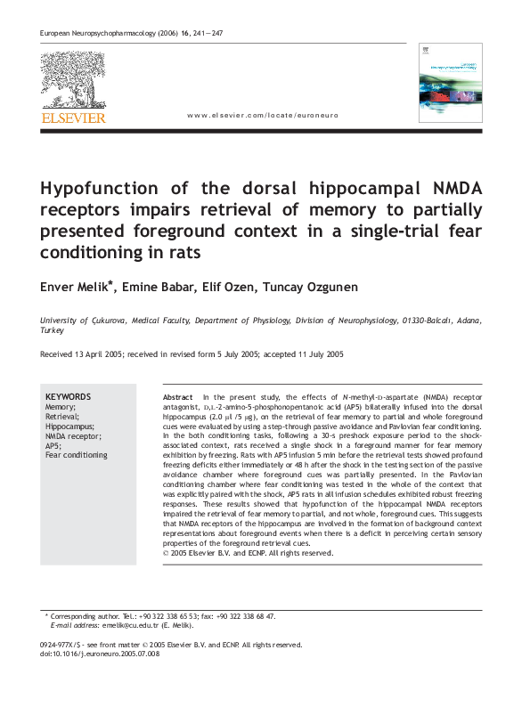 (PDF) Hypofunction of the dorsal hippocampal NMDA receptors impairs ...