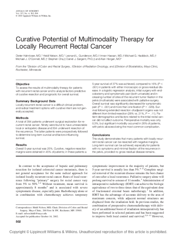 (PDF) Curative potential of multimodality therapy for locally recurrent rectal cancer