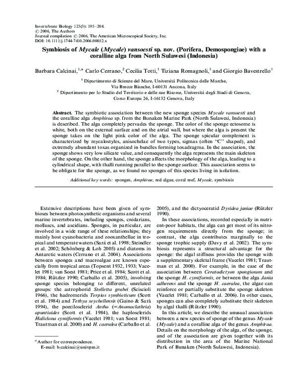 (PDF) Symbiosis of Mycale (Mycale) vansoesti sp. nov. (Porifera ...