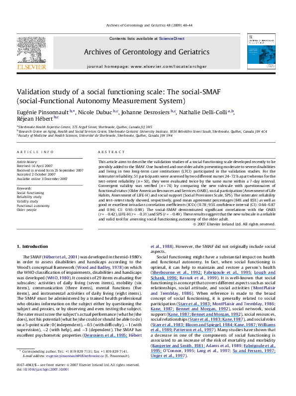 (PDF) Validation study of a social functioning scale: The social-SMAF ...