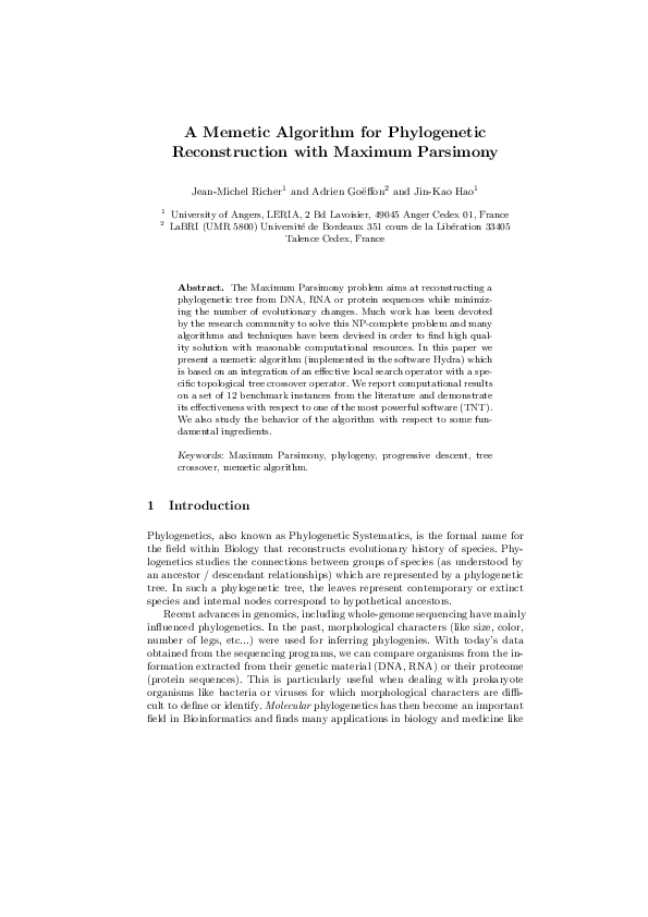 Pdf A Memetic Algorithm For Phylogenetic Reconstruction With Maximum
