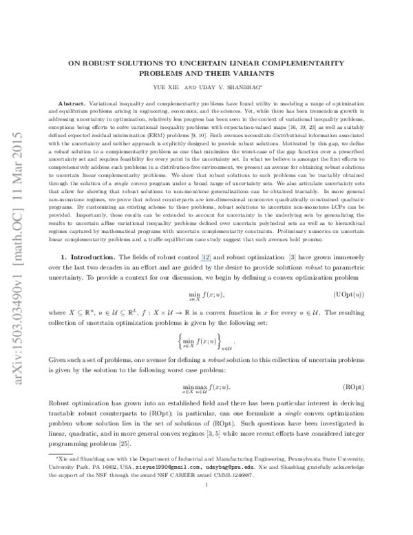(PDF) On robust solutions to uncertain linear complementarity problems ...