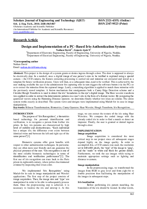 Pdf Design And Implementation Of A Pcbased Iris Authentication System