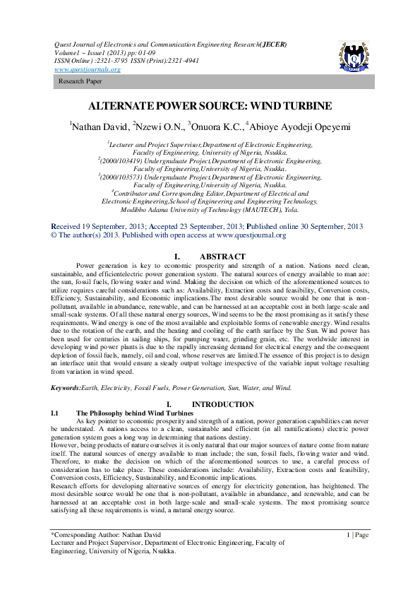 (PDF) Alternate Power Source: Wind Turbine