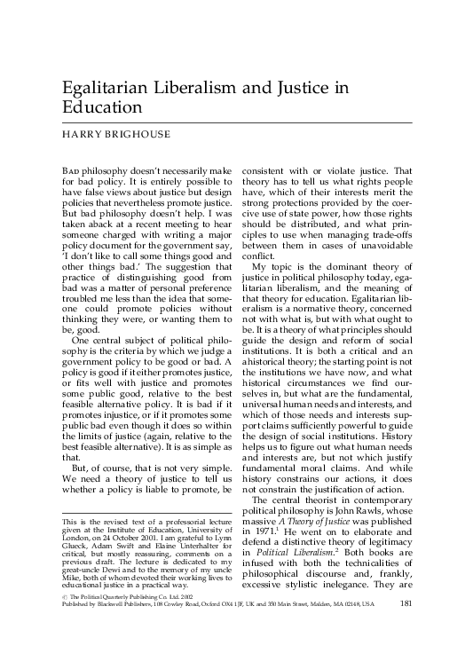 (PDF) Egalitarian Liberalism and Justice in Education