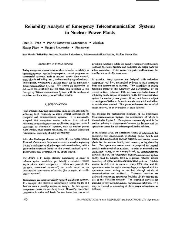 (PDF) Reliability analysis of emergency telecommunication systems in ...