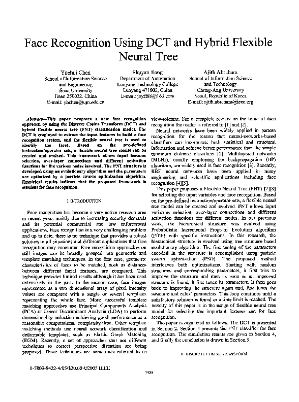 (PDF) FaceRecognition UsingDCT andHybridFlexible NeuralTree