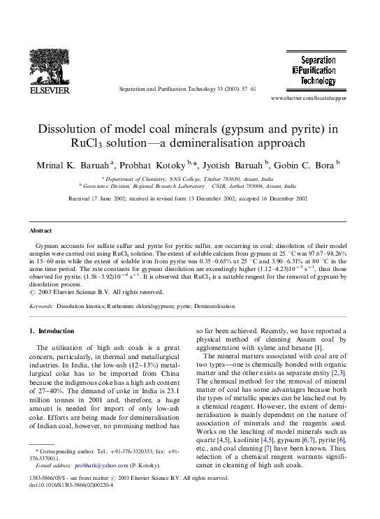 (PDF) Dissolution of model coal minerals (gypsum and pyrite) in RuCl 3 ...
