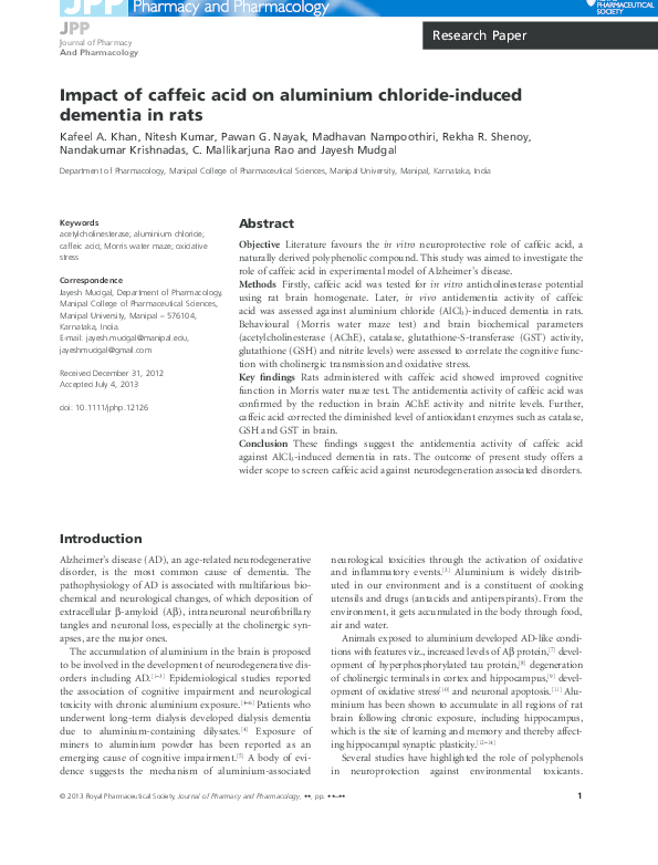 Impact of caffeic acid on aluminium chloride-induced dementia in rats