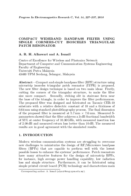 Pdf Compact Wideband Bandpass Filter Using Single Corners Cut Isosceles Triangular Patch Resonator