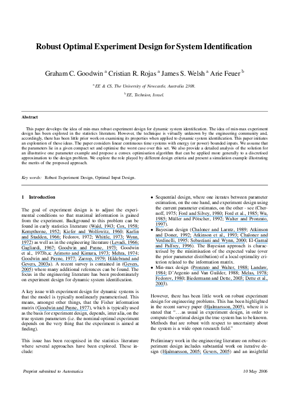 Pdf Robust Optimal Experiment Design For System Identification