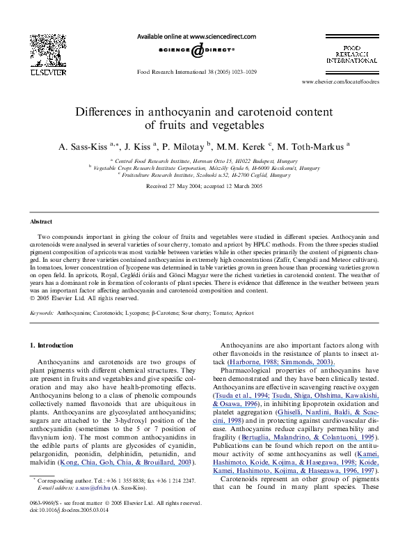 (PDF) Differences in anthocyanin and carotenoid content of fruits and vegetables