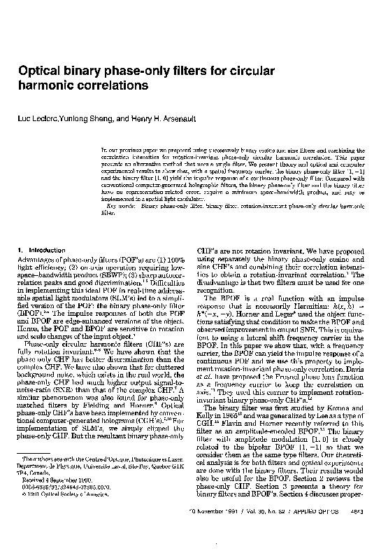 (PDF) Optical binary phase-only filters for circular harmonic correlations