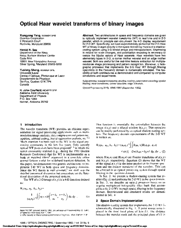 Pdf Optical Haar Wavelet Transforms Of Binary Images