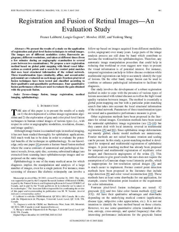 (PDF) Registration and fusion of retinal images-an evaluation study