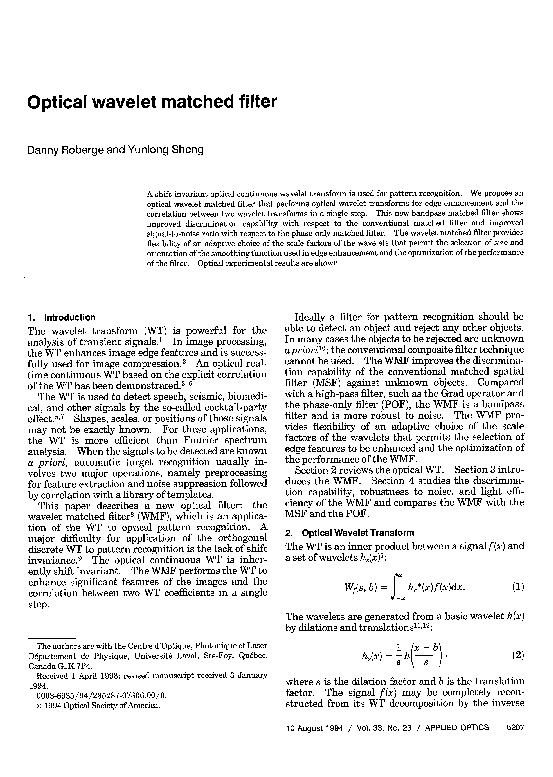 (PDF) Optical wavelet matched filter